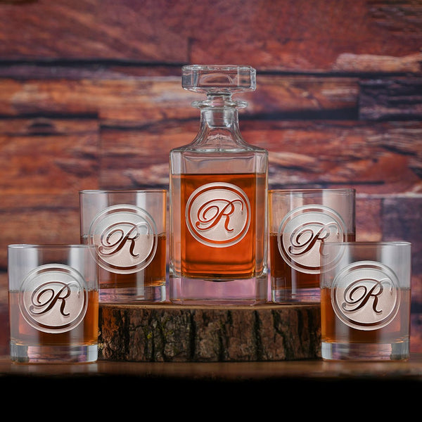 Circle Script Monogram Personalized Decanter Set - Groovy Groomsmen Gifts