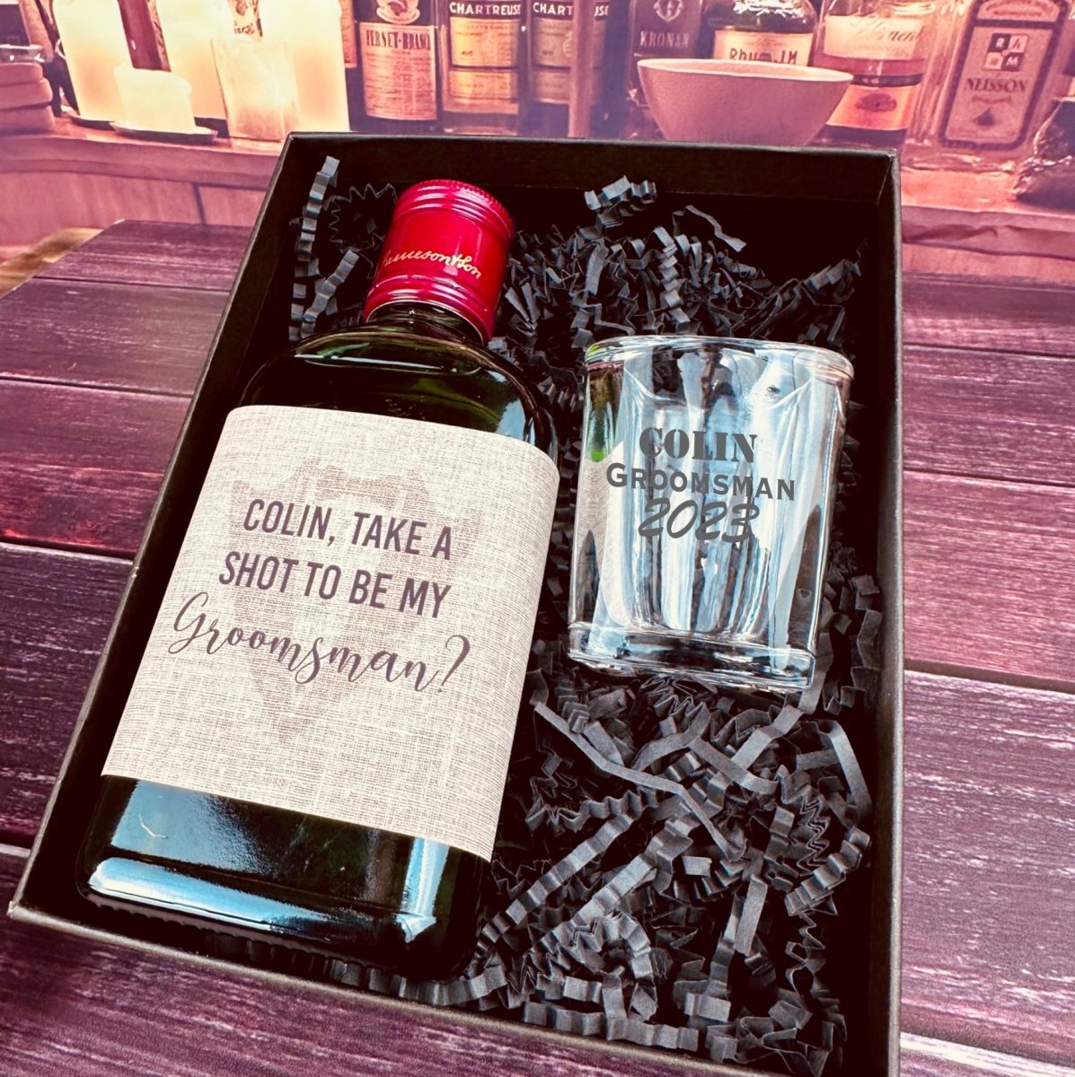 Fun Groomsmen Proposal Gift Set with Custom Box, Shot Glass, and Label ...